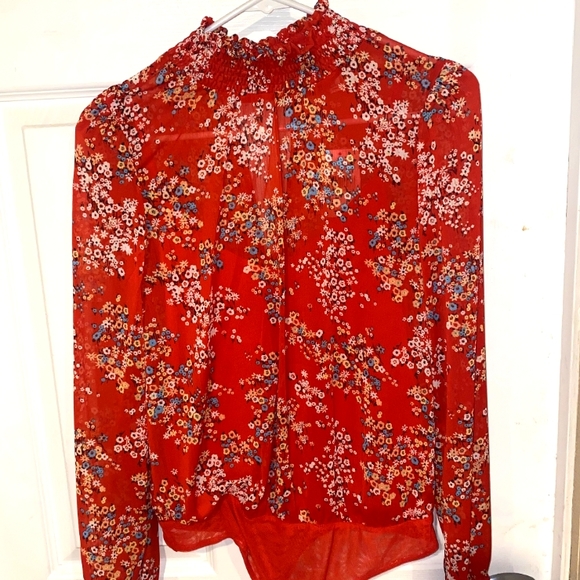 Tops | Socialite Sheer Red Floral Bodysuitjumper Size M | Poshmark